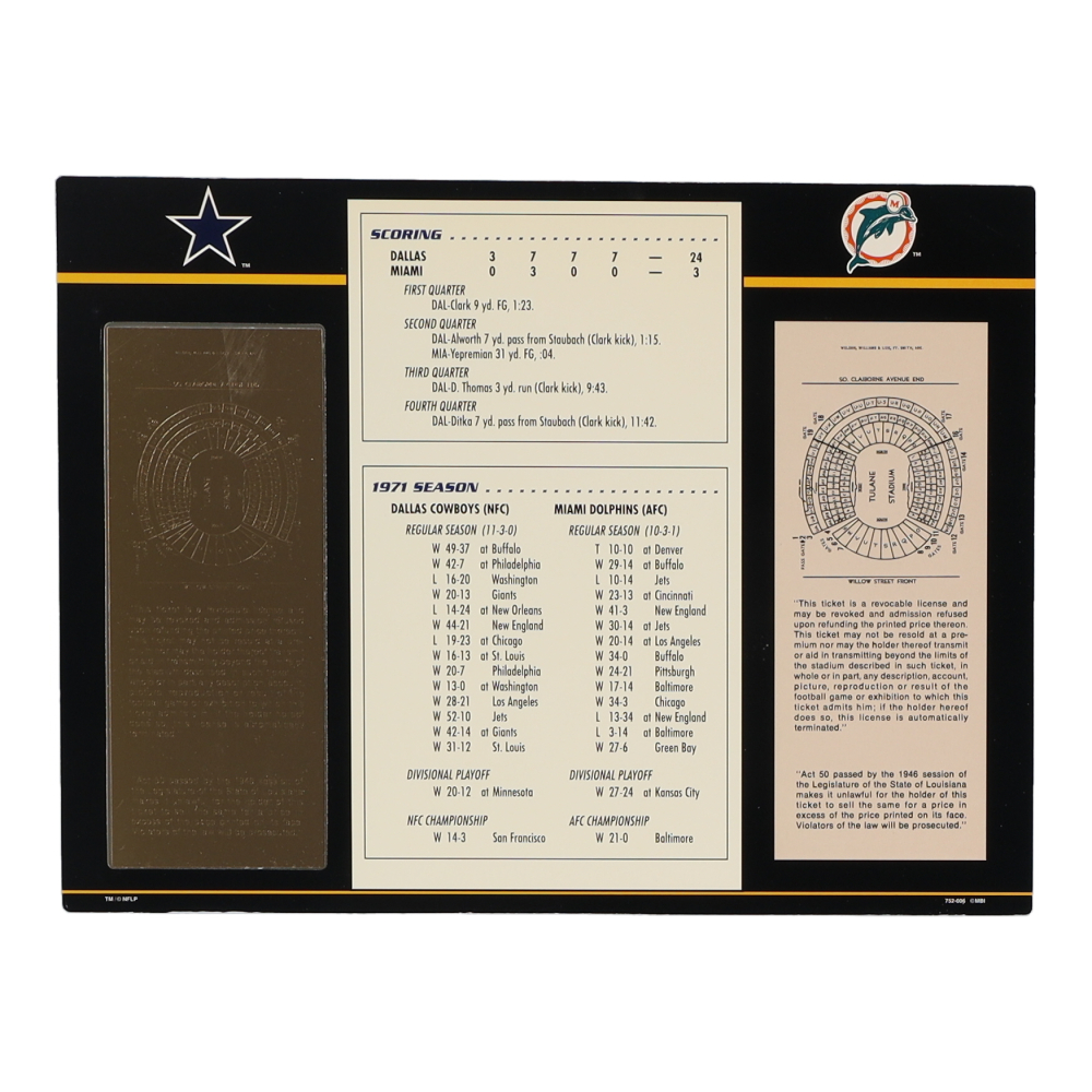 Super Bowl VI Commemorative 9x12 Score Card Display with 23kt Gold ...