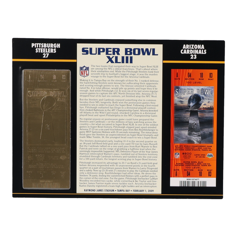 Super Bowl XLIII Commemorative 9x12 Score Card Display with 23kt Gold ...