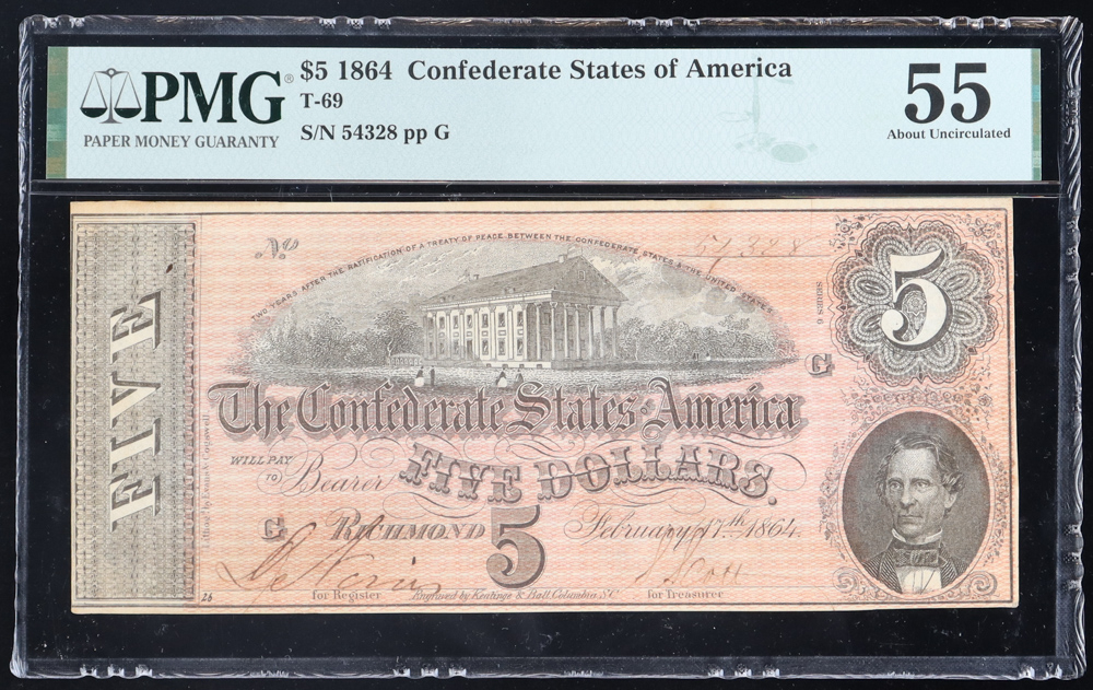1864 Confederate $5 Note T-69 (PMG ABOUT UNC 55) | Pristine Auction