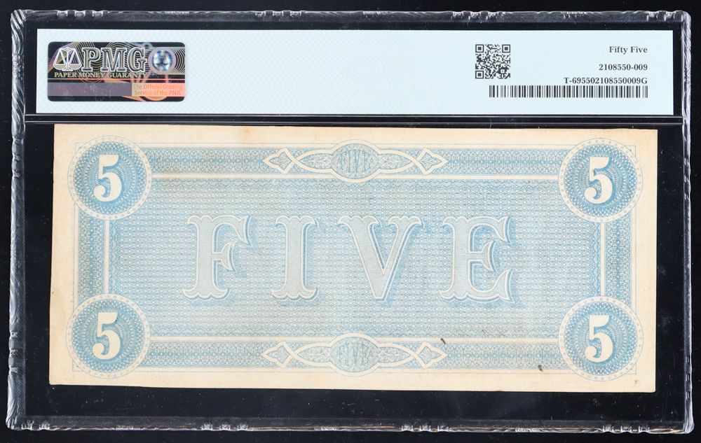 1864 Confederate $5 Note T-69 (PMG ABOUT UNC 55) | Pristine Auction