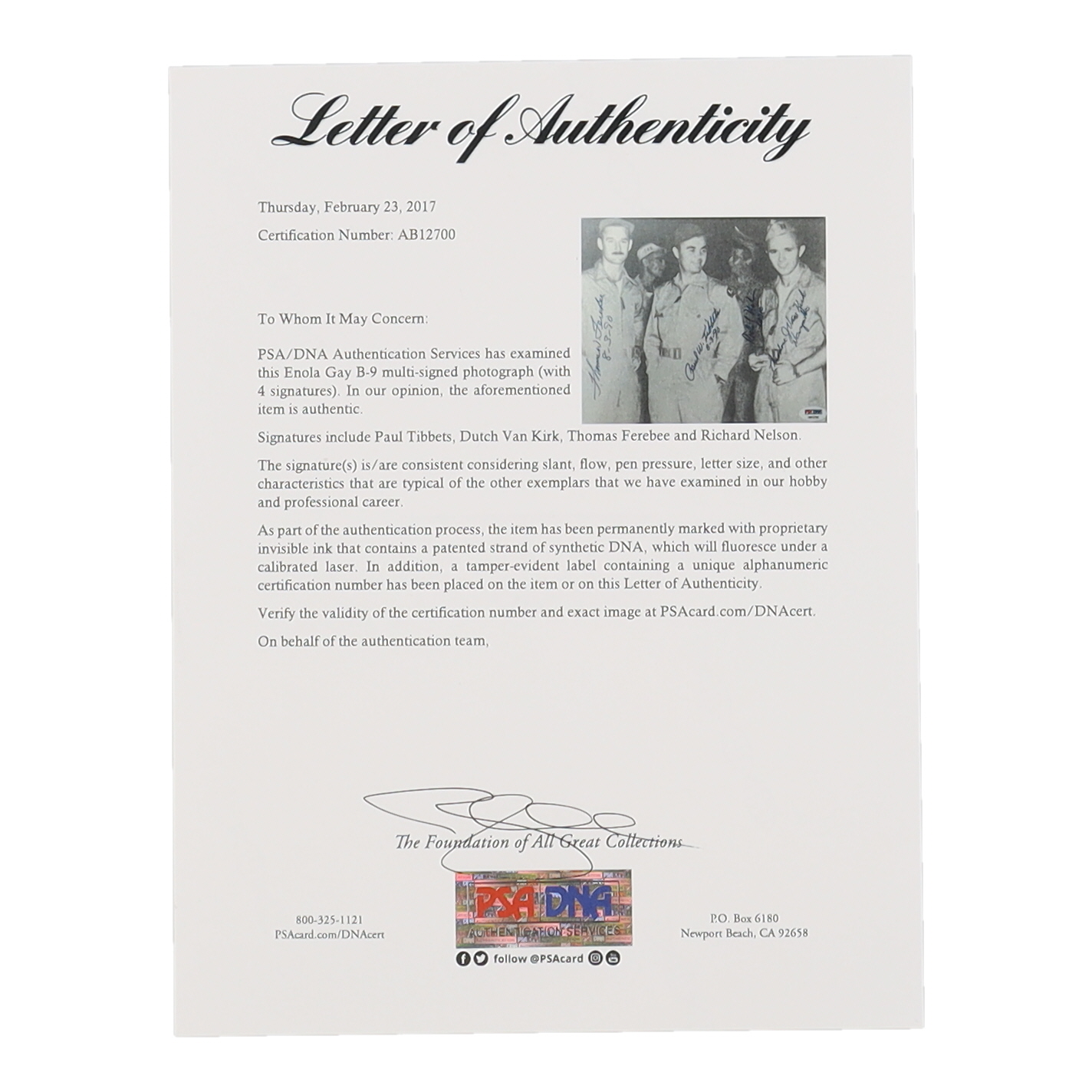 8x10 Photo Signed by (4) with Paul Tibbets, Dutch Van Kirk, Thomas ...