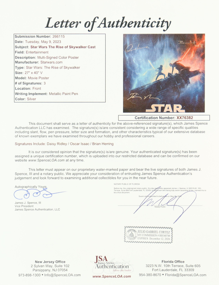 Daisy Ridley, Oscar Isaac & Brian Herring Signed "Star Wars Episode IX ...