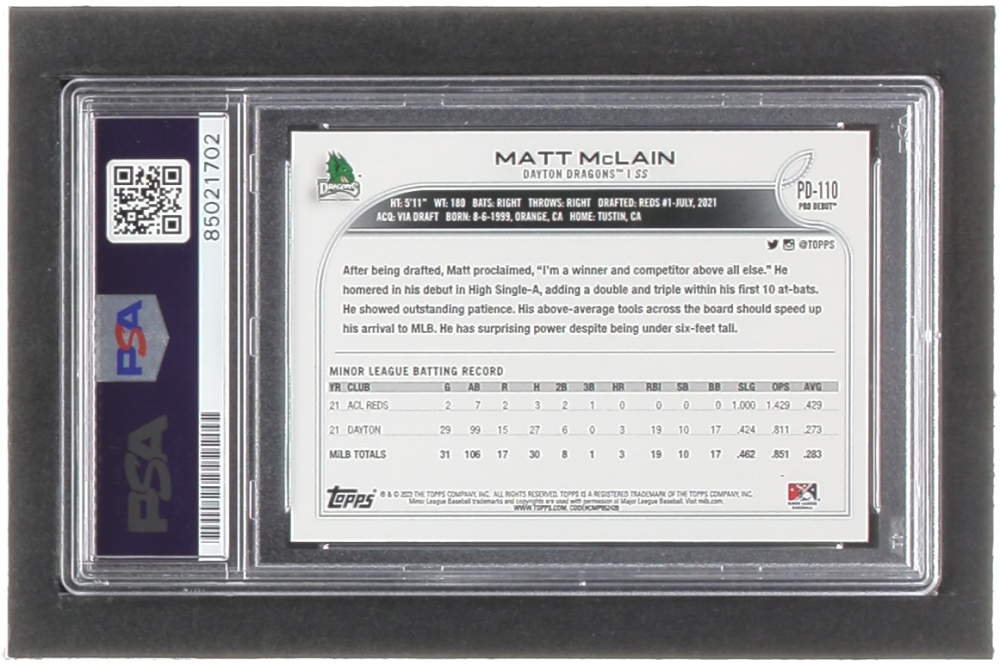 Matt McLain Signed 2022 Topps Pro Debut #PD110 RC (PSA) | Pristine Auction