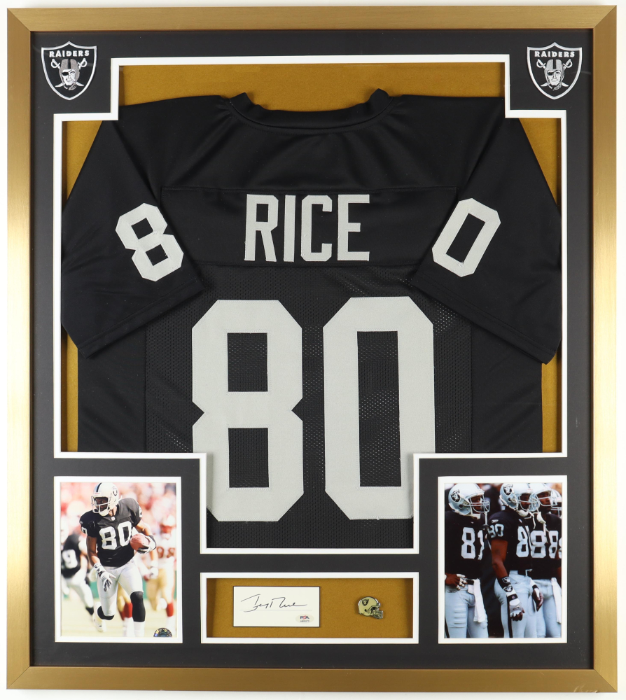 Jerry Rice Signed Raiders Custom Framed Cut Display with Jersey & Super ...