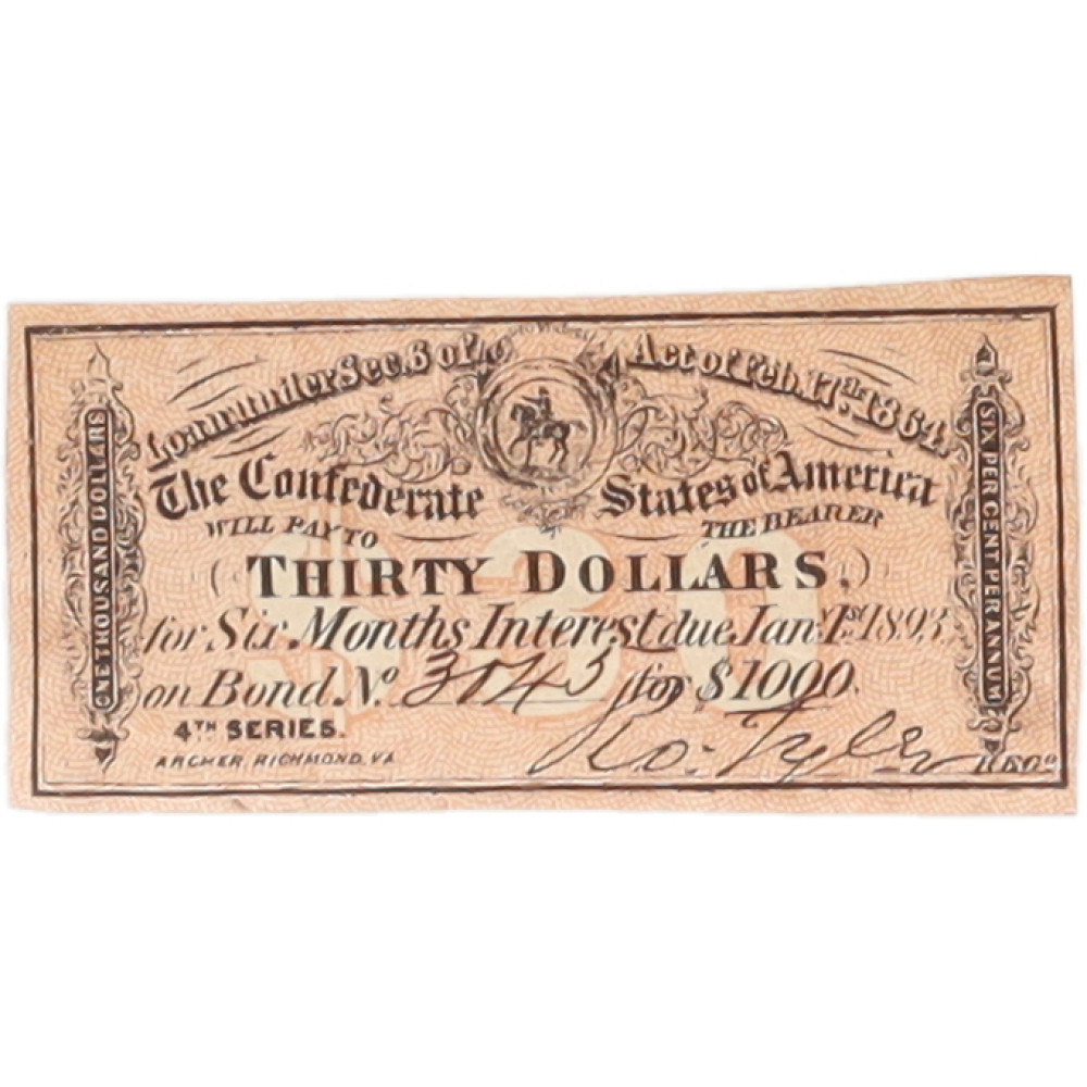 1864 $30 Thirty Dollars Confederate States of America Richmond CSA Bank ...