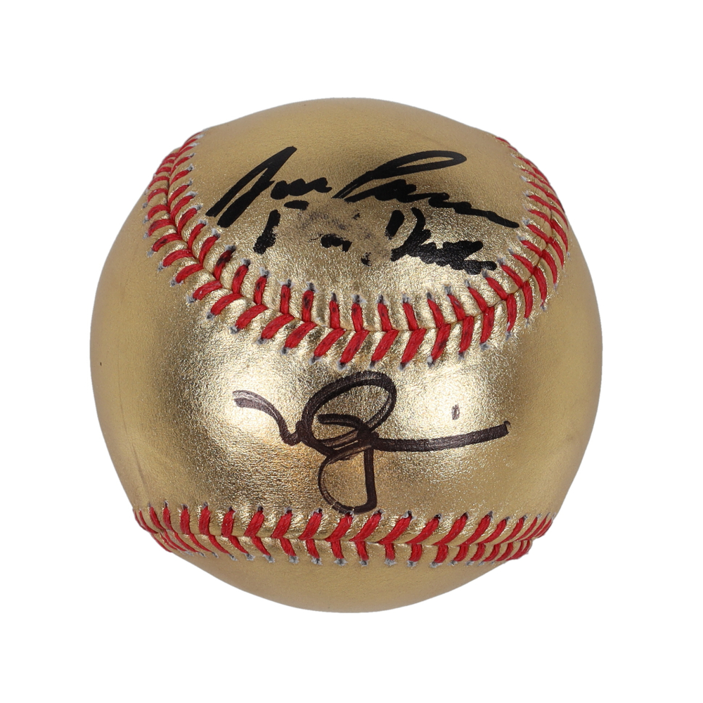 Jose Canseco & Mark McGwire Signed OML Gold Leather Baseball Inscribed ...