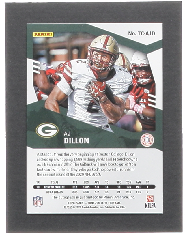 A.J. Dillon 2020 Elite Turn of the Century Autographs Purple #29 RC #27 ...