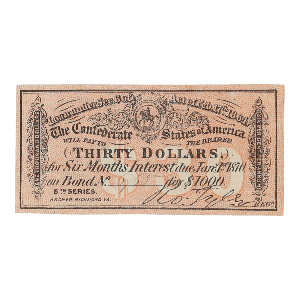 1864 $30 Thirty Dollars Confederate States of America Richmond Bank ...