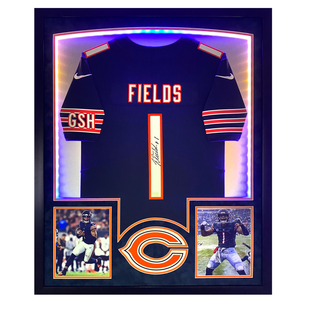 Justin Fields Signed 32x40 Custom Framed Jersey Display with LED Lights ...