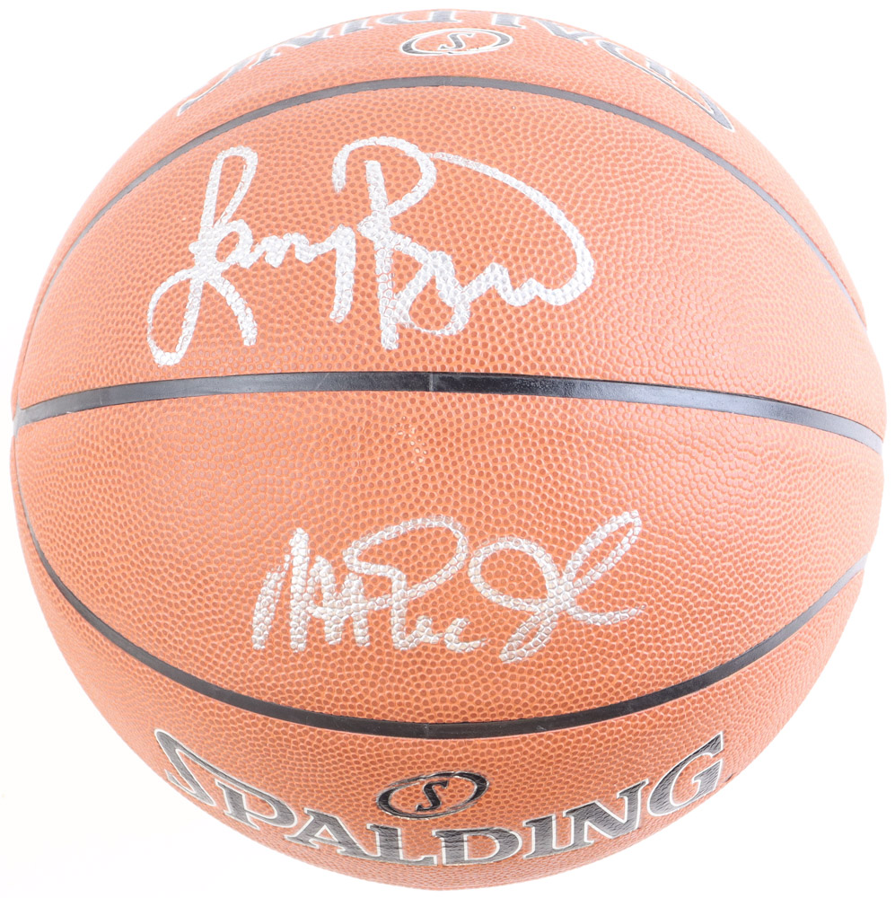 Larry Bird & Magic Johnson Signed Spalding Basketball With Cherry Wood Display Stand (JSA ...