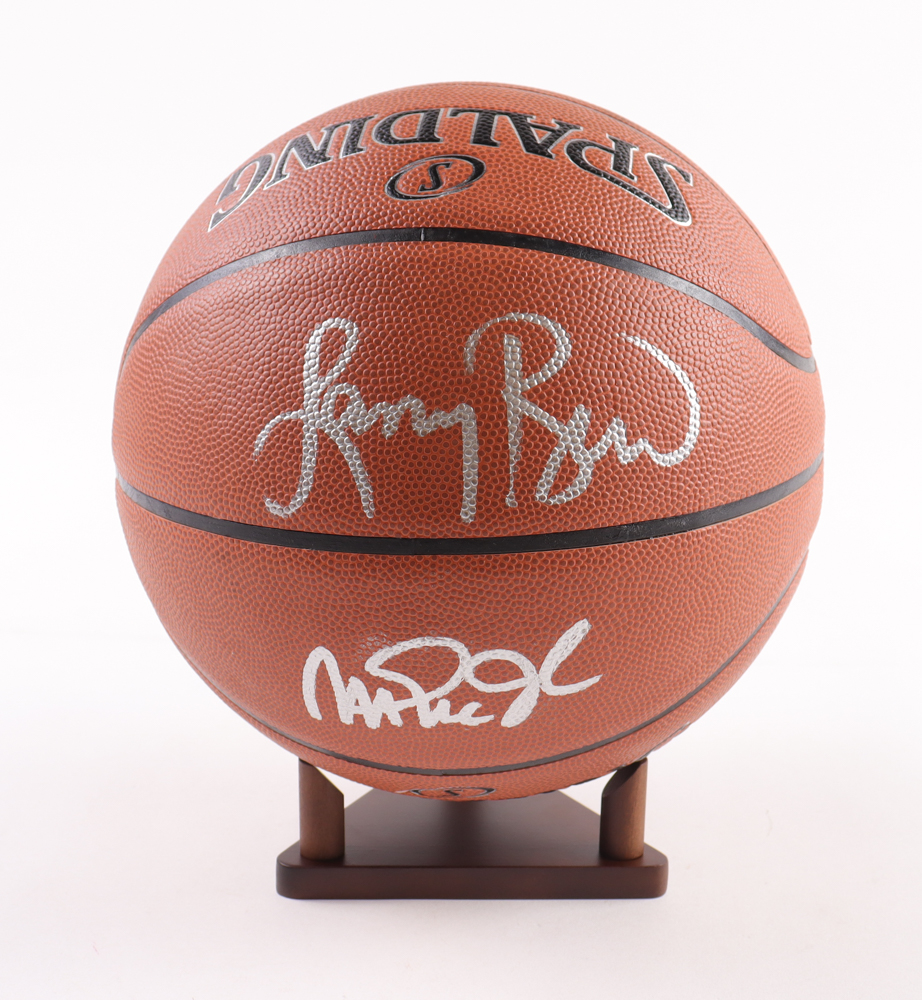Larry Bird & Magic Johnson Signed Spalding Basketball With Cherry Wood ...