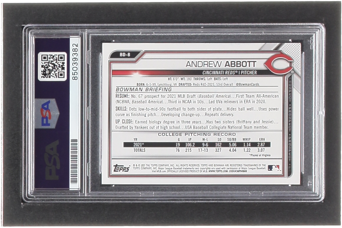 Andrew Abbott Signed 2021 Bowman Draft #BD8 RC (PSA) | Pristine Auction
