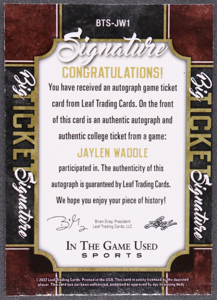 Jaylen Waddle 2022 ITG Used Sports Big Ticket Signatures #BTSJW1 ...