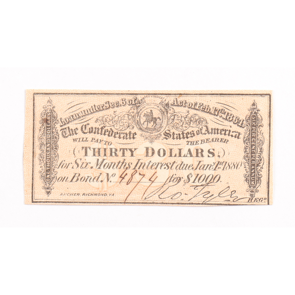 1864 $30 Thirty Dollars Confederate States of America Richmond CSA Bank ...