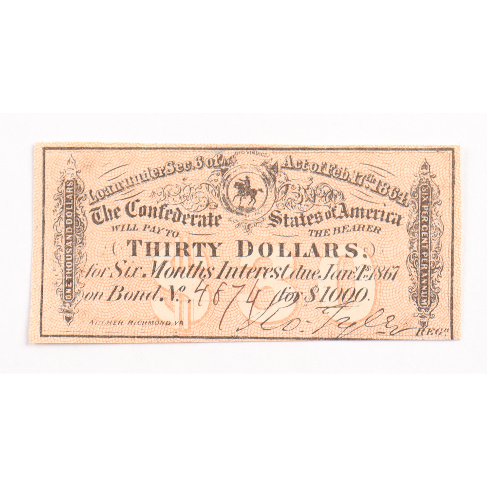 1864 $30 Thirty Dollars Confederate States of America Richmond CSA Bank ...