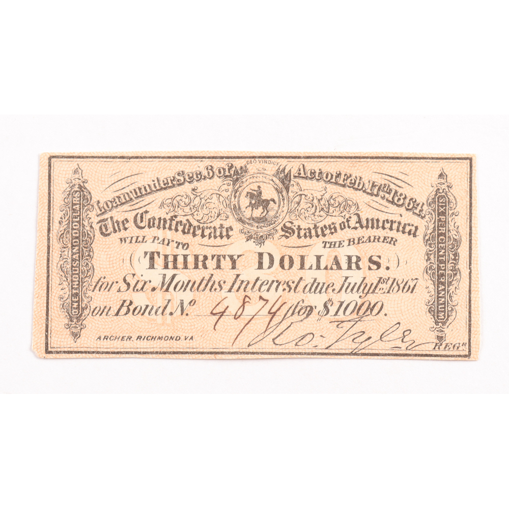 1864 $30 Thirty Dollars Confederate States of America Richmond CSA Bank ...