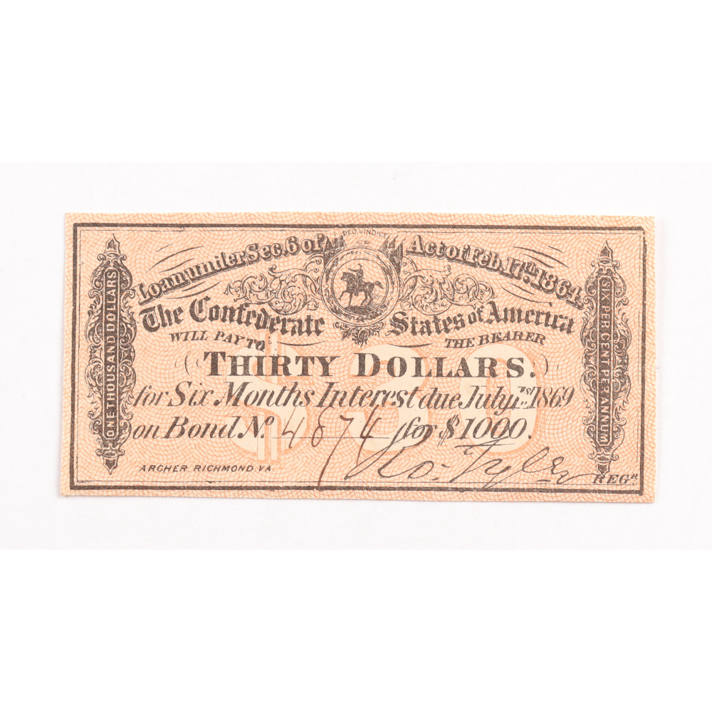 1864 $30 Thirty Dollars Confederate States of America Richmond CSA Bank ...