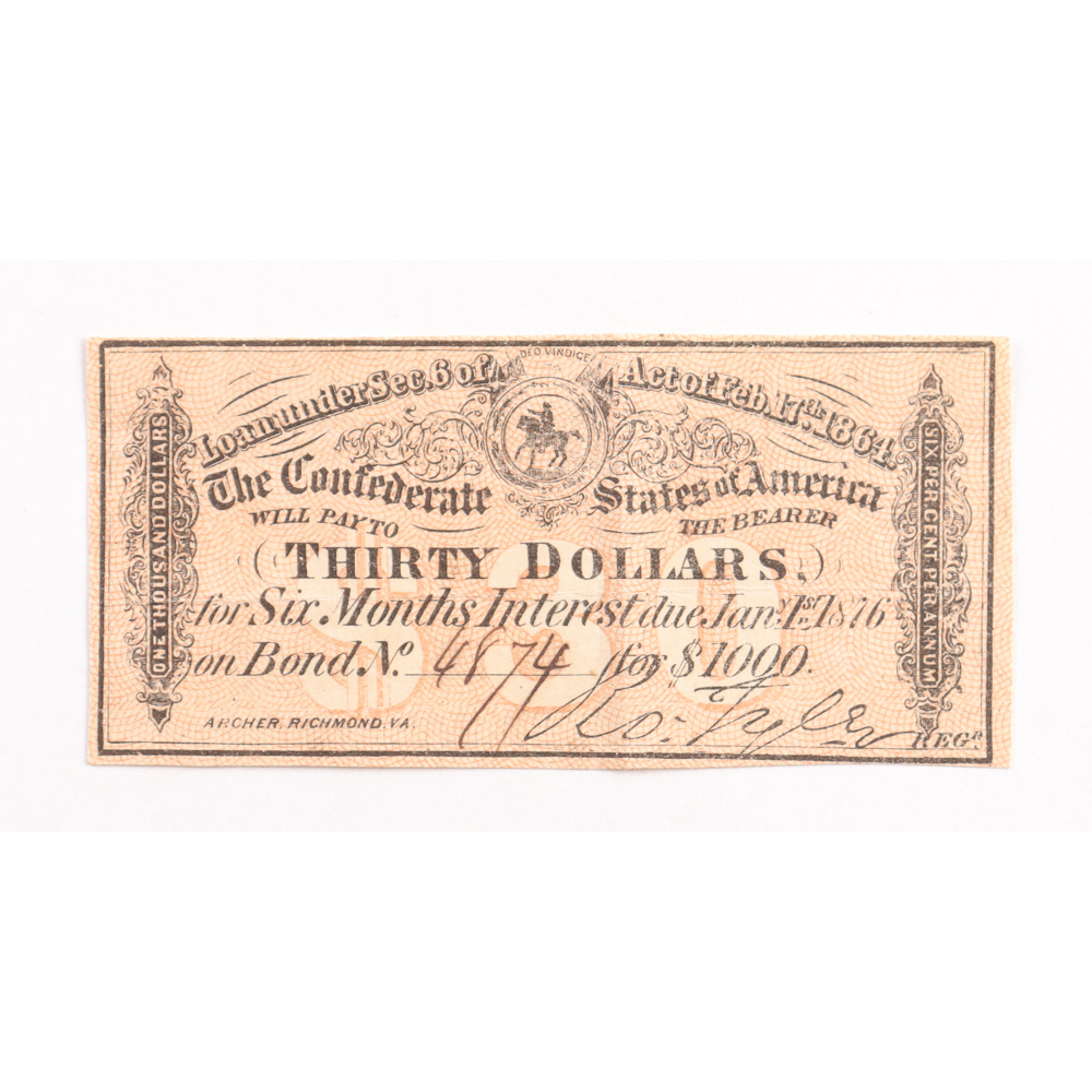 1864 $30 Thirty Dollars Confederate States of America Richmond CSA Bank ...