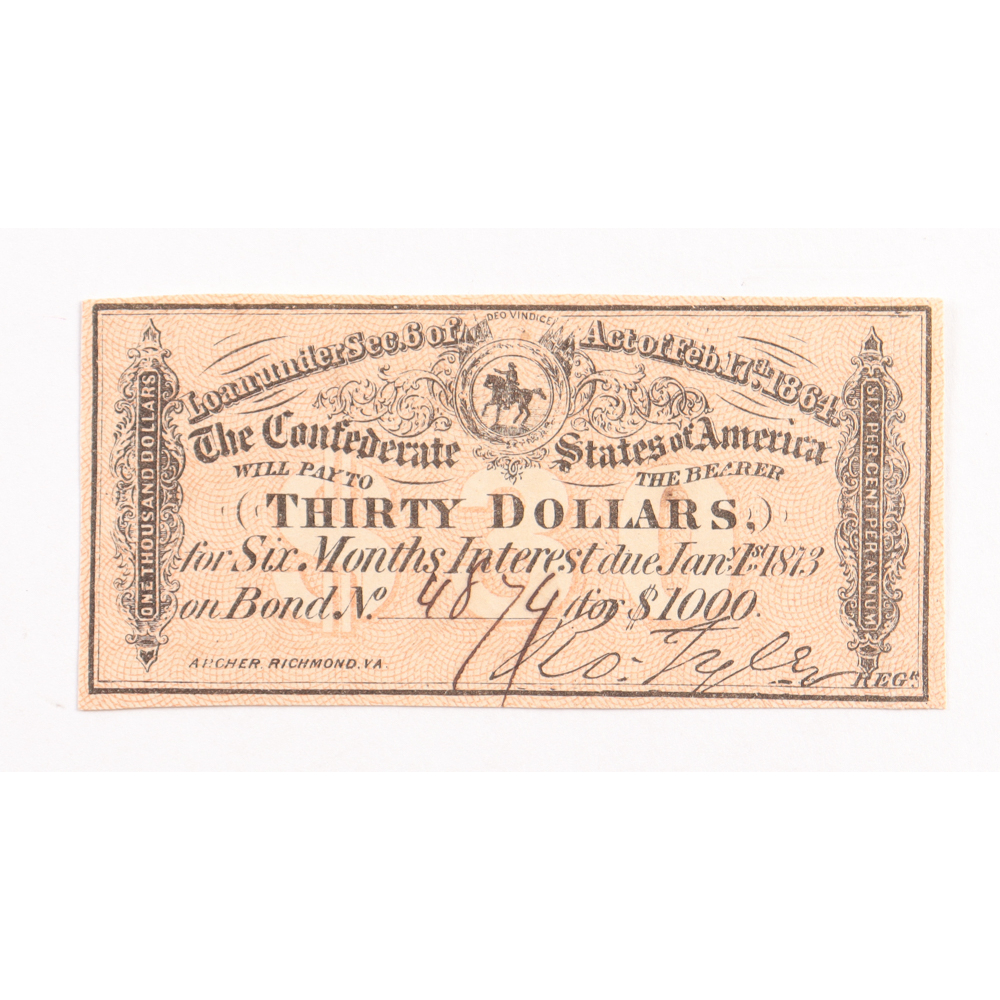 1864 $30 Thirty Dollars Confederate States of America Richmond CSA Bank ...
