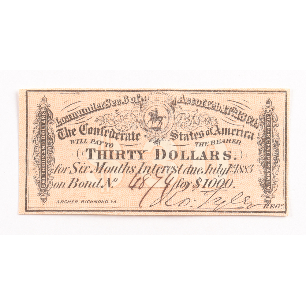 1864 $30 Thirty Dollars Confederate States of America Richmond CSA Bank ...