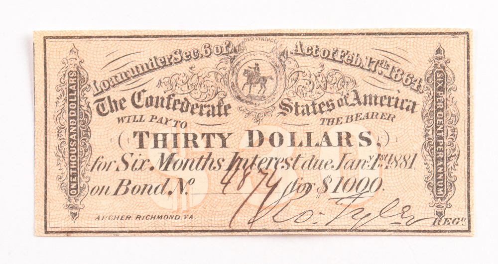 1864 $30 Thirty Dollars Confederate States of America Richmond CSA Bank ...