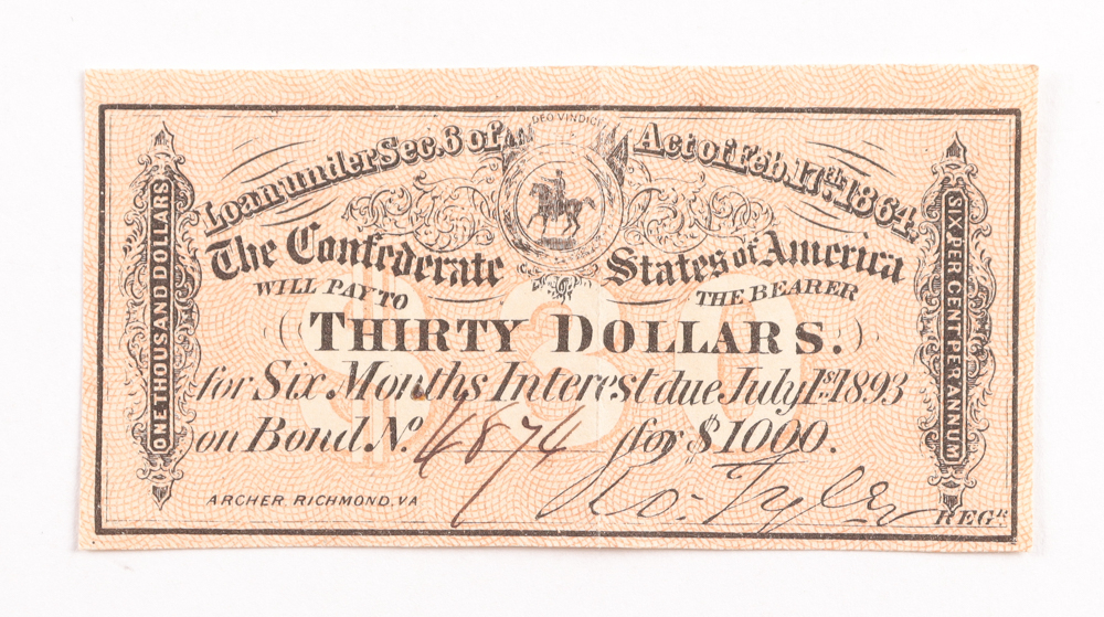 1864 $30 Thirty Dollars Confederate States of America Richmond CSA Bank ...