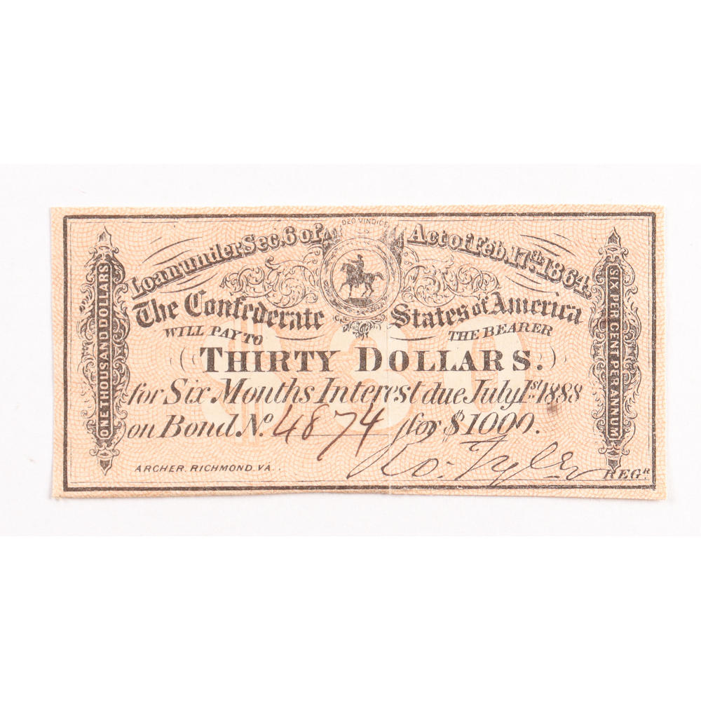 1864 $30 Thirty Dollars Confederate States of America Richmond CSA Bank ...