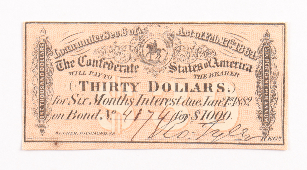 1864 $30 Thirty Dollars Confederate States of America Richmond CSA Bank ...