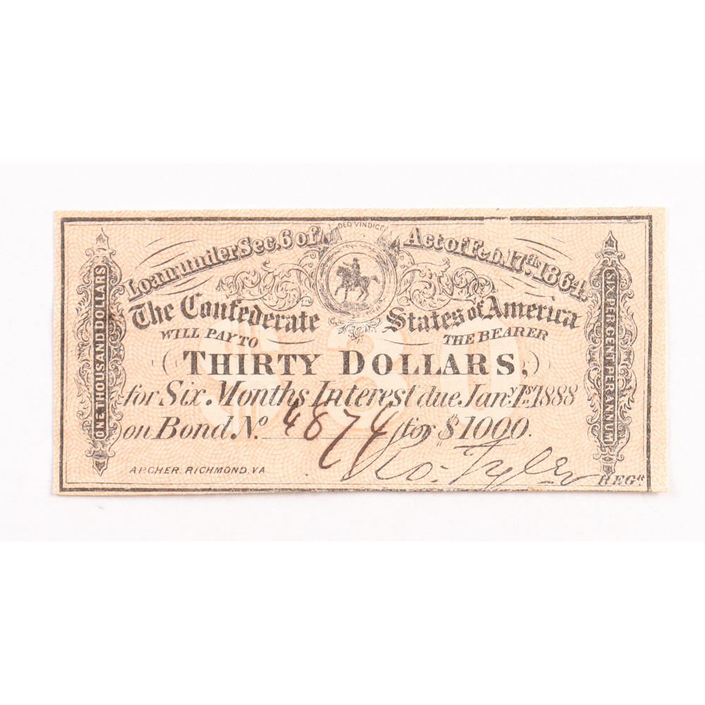1864 $30 Thirty Dollars Confederate States of America Richmond CSA Bank ...