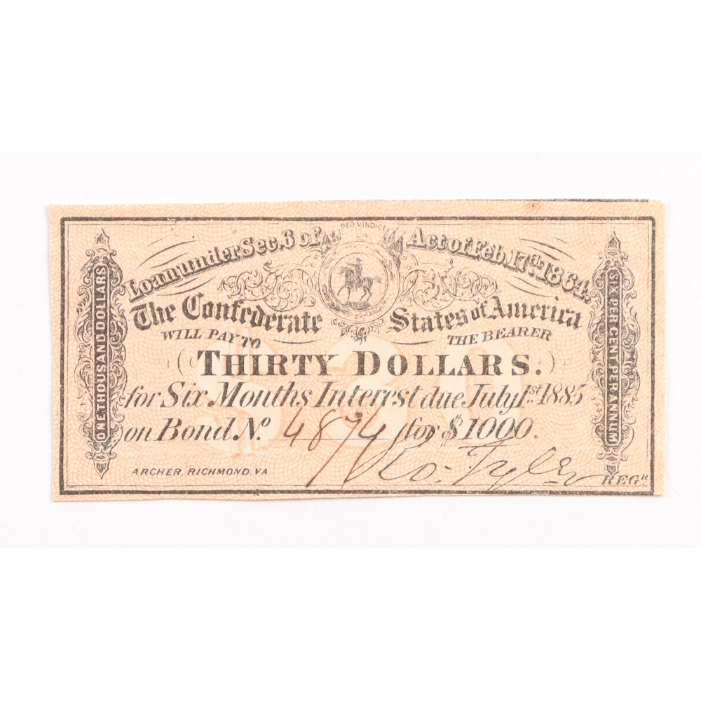 1864 $30 Thirty Dollars Confederate States of America Richmond CSA Bank ...