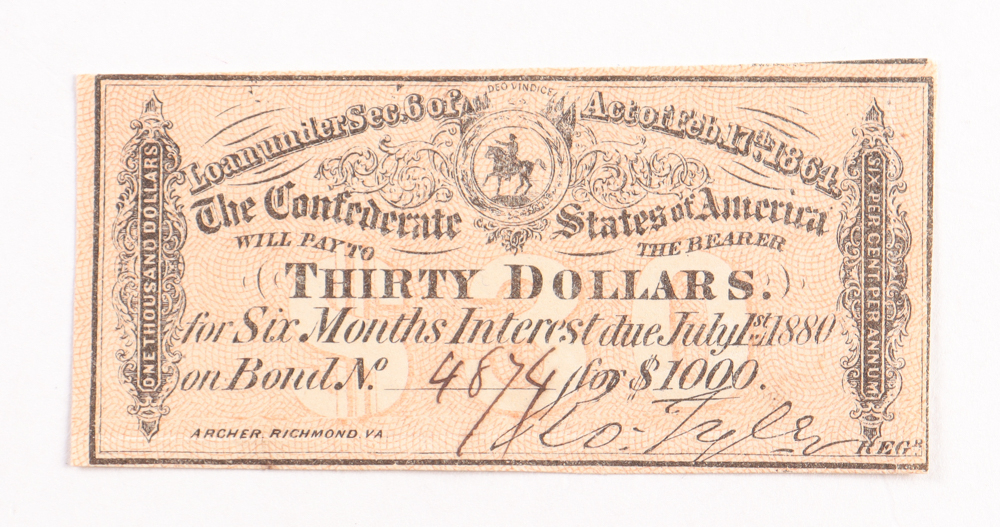 1864 $30 Thirty Dollars Confederate States of America Richmond CSA Bank ...
