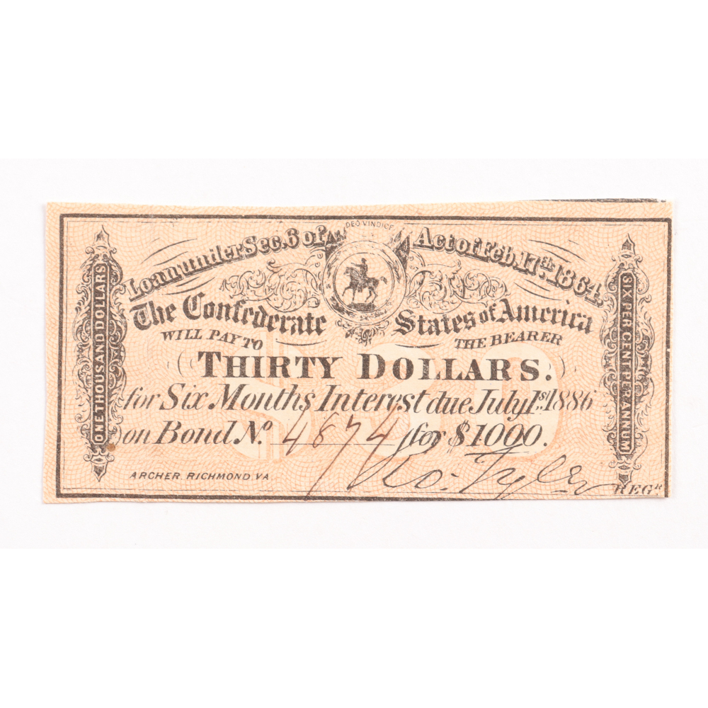 1864 $30 Thirty Dollars Confederate States of America Richmond CSA Bank ...