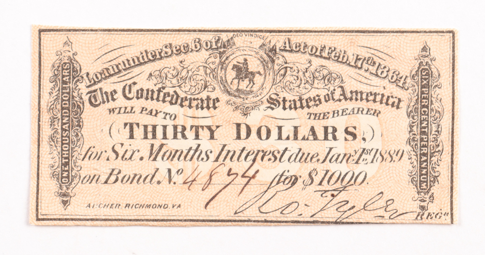 1864 $30 Thirty Dollars Confederate States of America Richmond CSA Bank ...