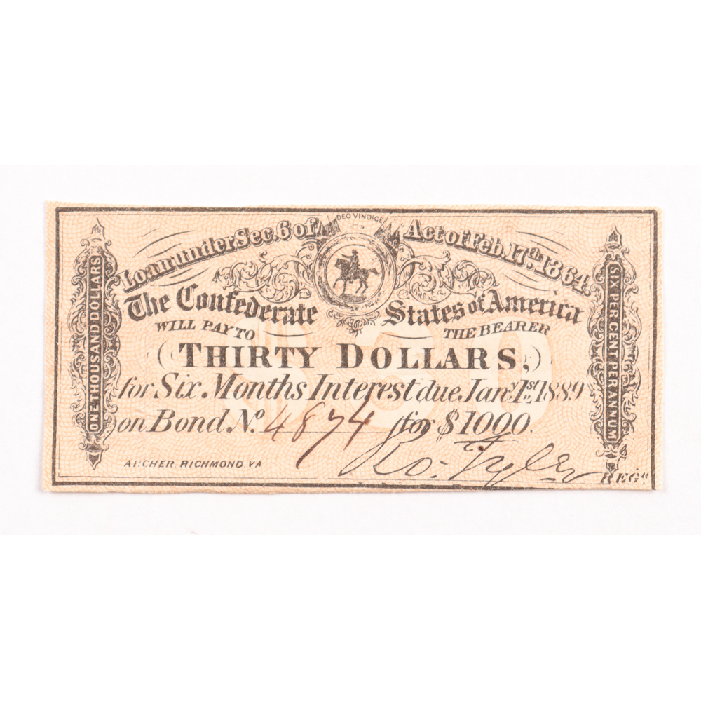 1864 $30 Thirty Dollars Confederate States of America Richmond CSA Bank ...