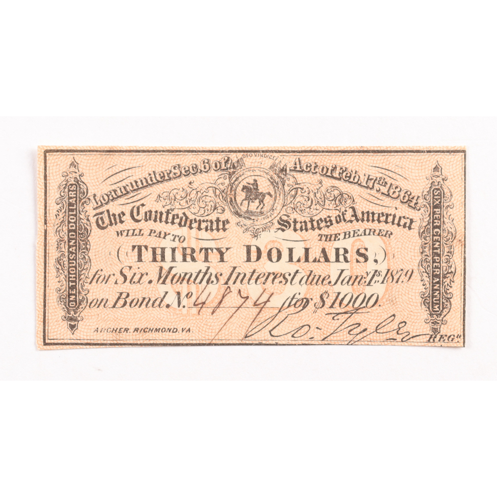 1864 $30 Thirty Dollars Confederate States of America Richmond CSA Bank ...