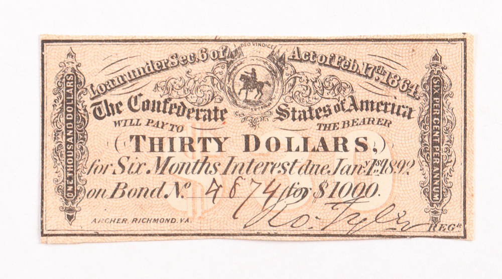 1864 $30 Thirty Dollars Confederate States of America Richmond CSA Bank ...