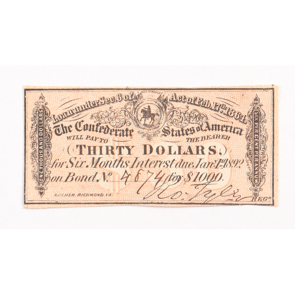 1864 $30 Thirty Dollars Confederate States of America Richmond CSA Bank ...