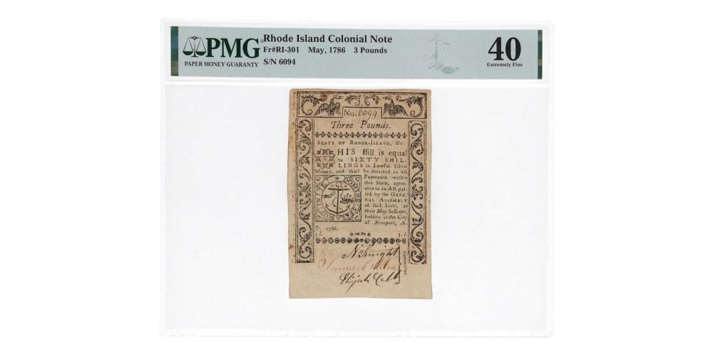 1786 Three Pounds - Rhode Island - Colonial Currency Note (PMG EF40) | Pristine Auction
