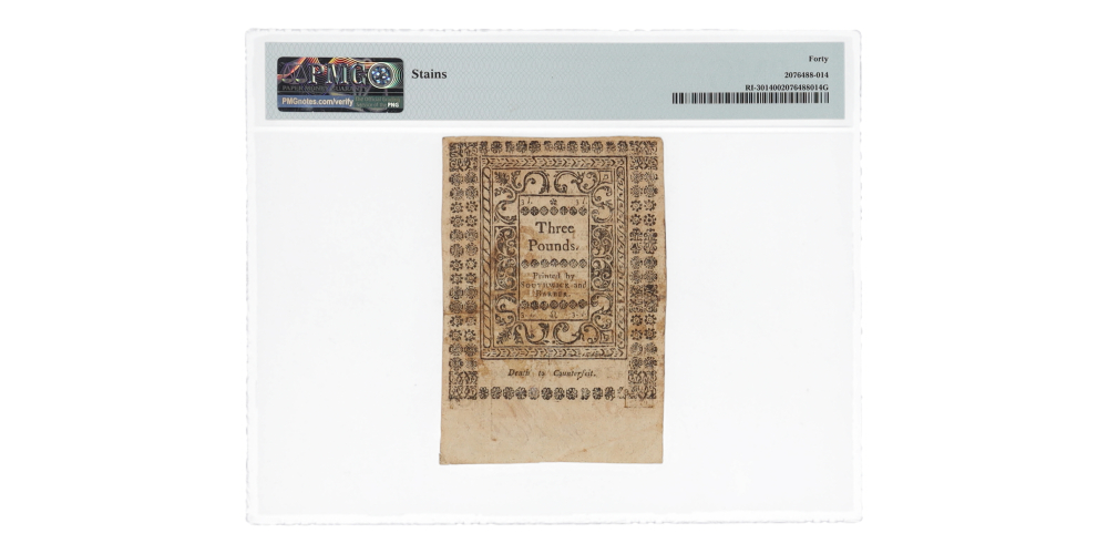 1786 Three Pounds - Rhode Island - Colonial Currency Note (PMG EF40) | Pristine Auction