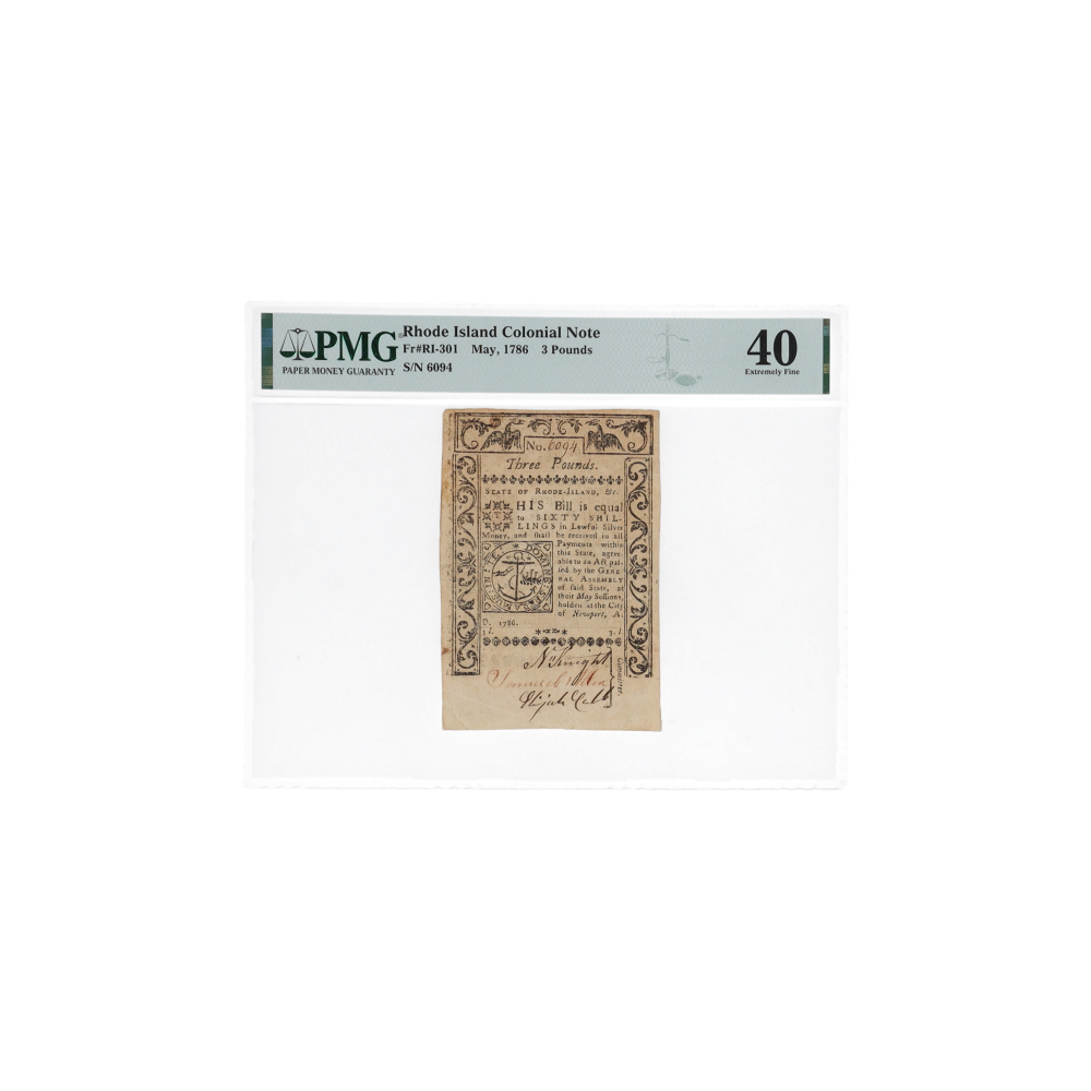 1786 Three Pounds - Rhode Island - Colonial Currency Note (PMG EF40) | Pristine Auction