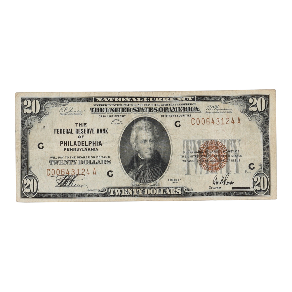 1929 $20 Twenty Dollars U.S. National Currency Bank Note - Philadelphia ...