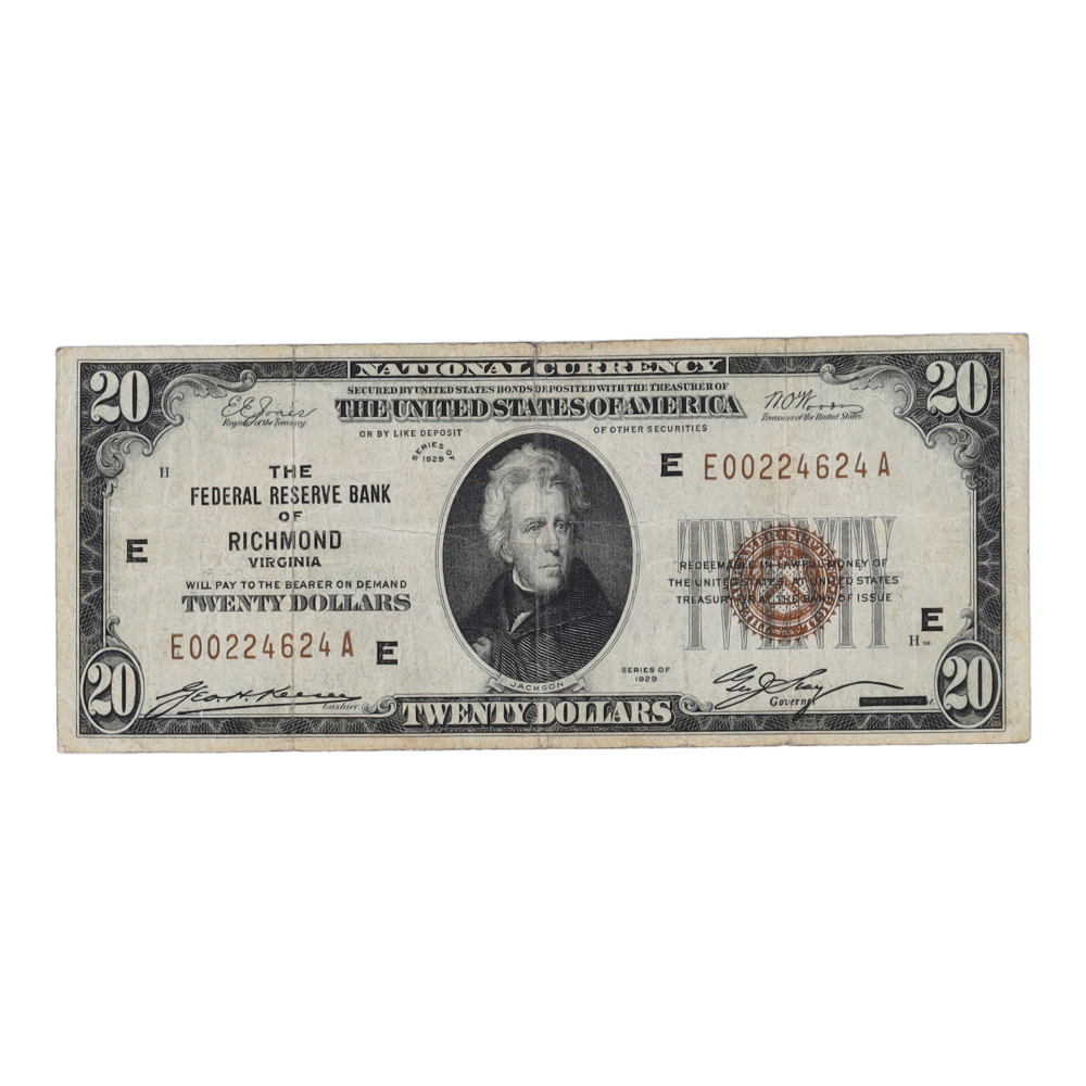 1929 $20 Twenty Dollars U.S. National Currency Bank Note - Richmond ...