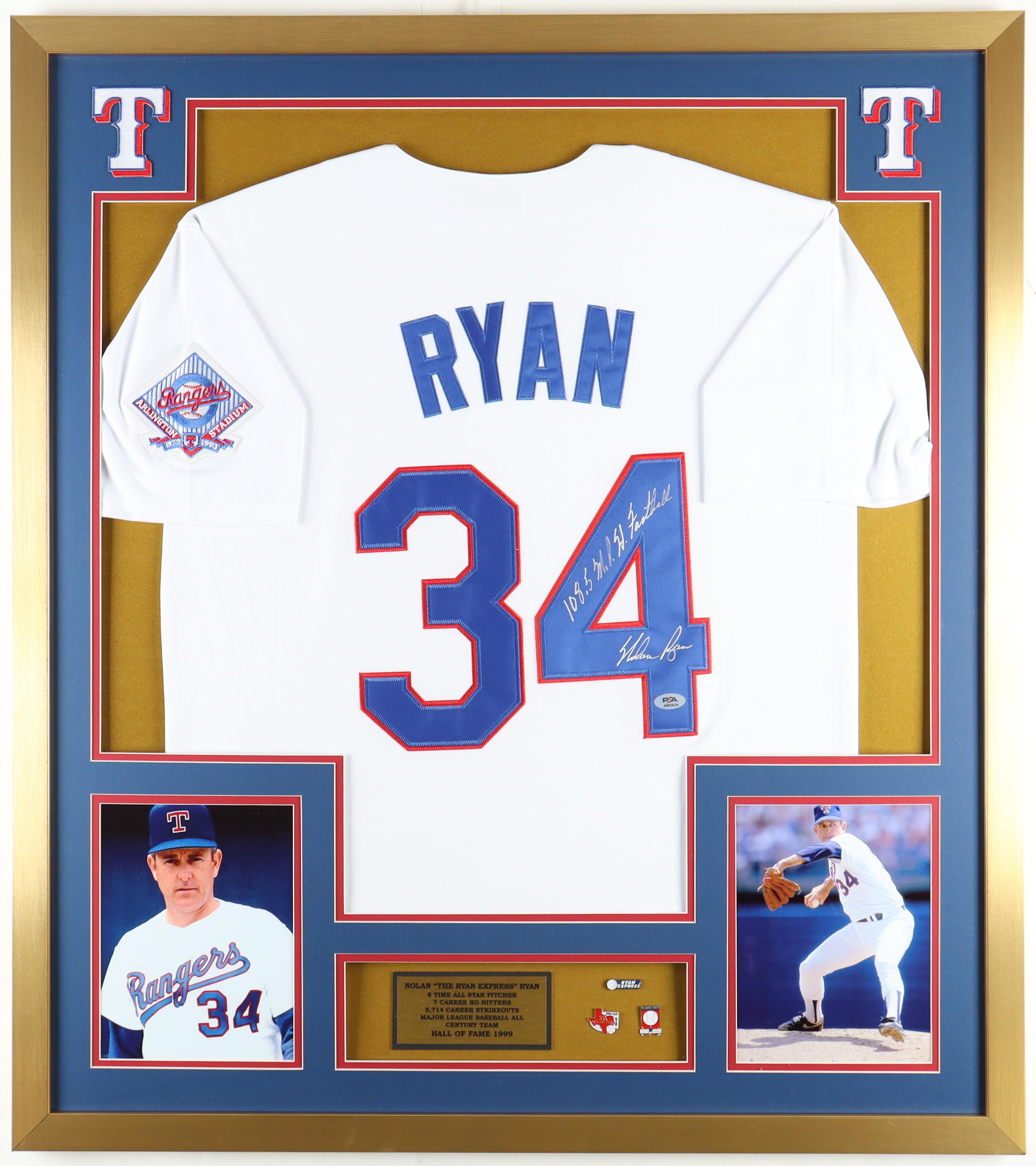 Nolan Ryan Signed Custom Framed Jersey Display Inscribed "108.5 MPH ...