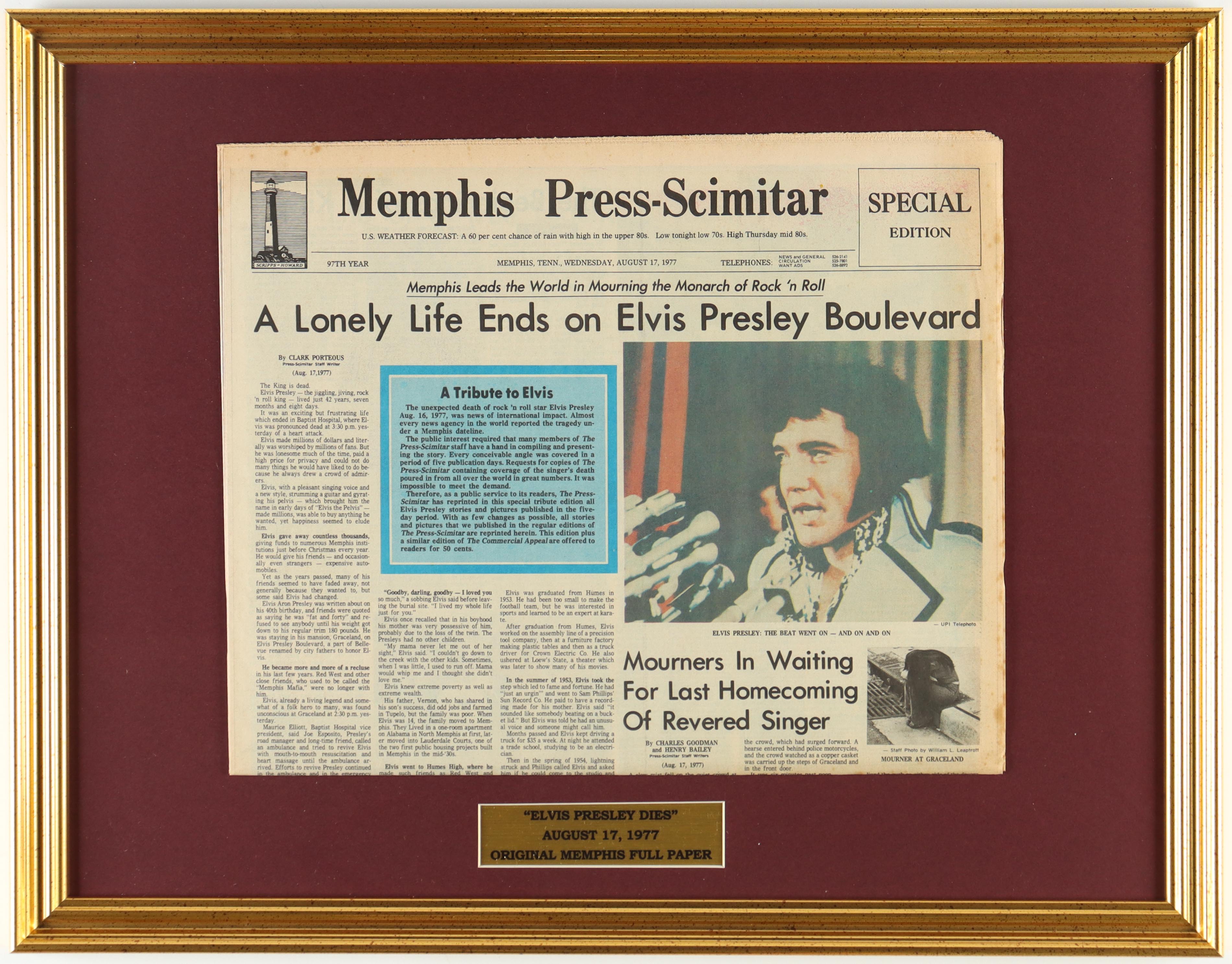 Elvis Presley 1977 "Memphis Press-Scimitar" Custom Framed Newspaper ...