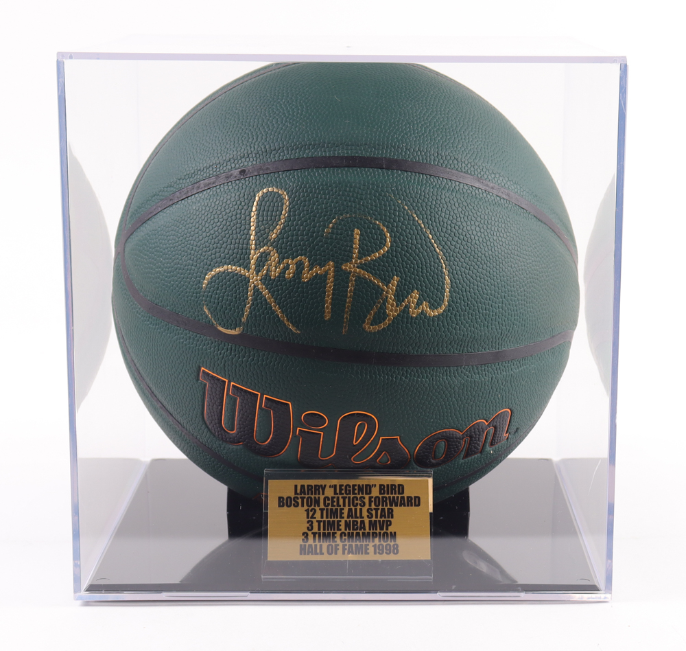 Larry Bird Signed NBA Green Basketball With Acrylic Display Case & Nameplate (Beckett ...