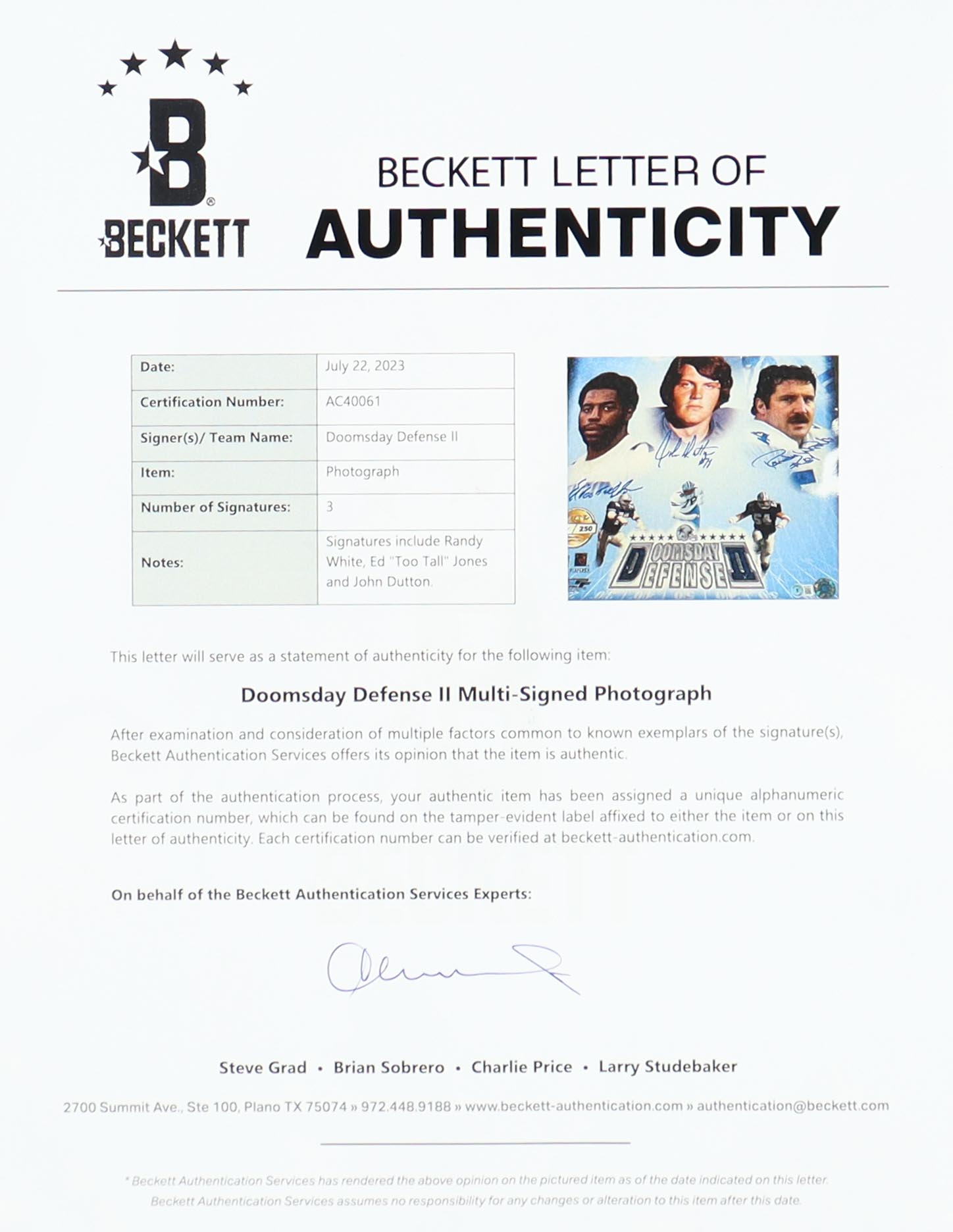 Randy White, Ed "Too Tall" Jones & John Dutton Signed LE Cowboys 16x20 ...