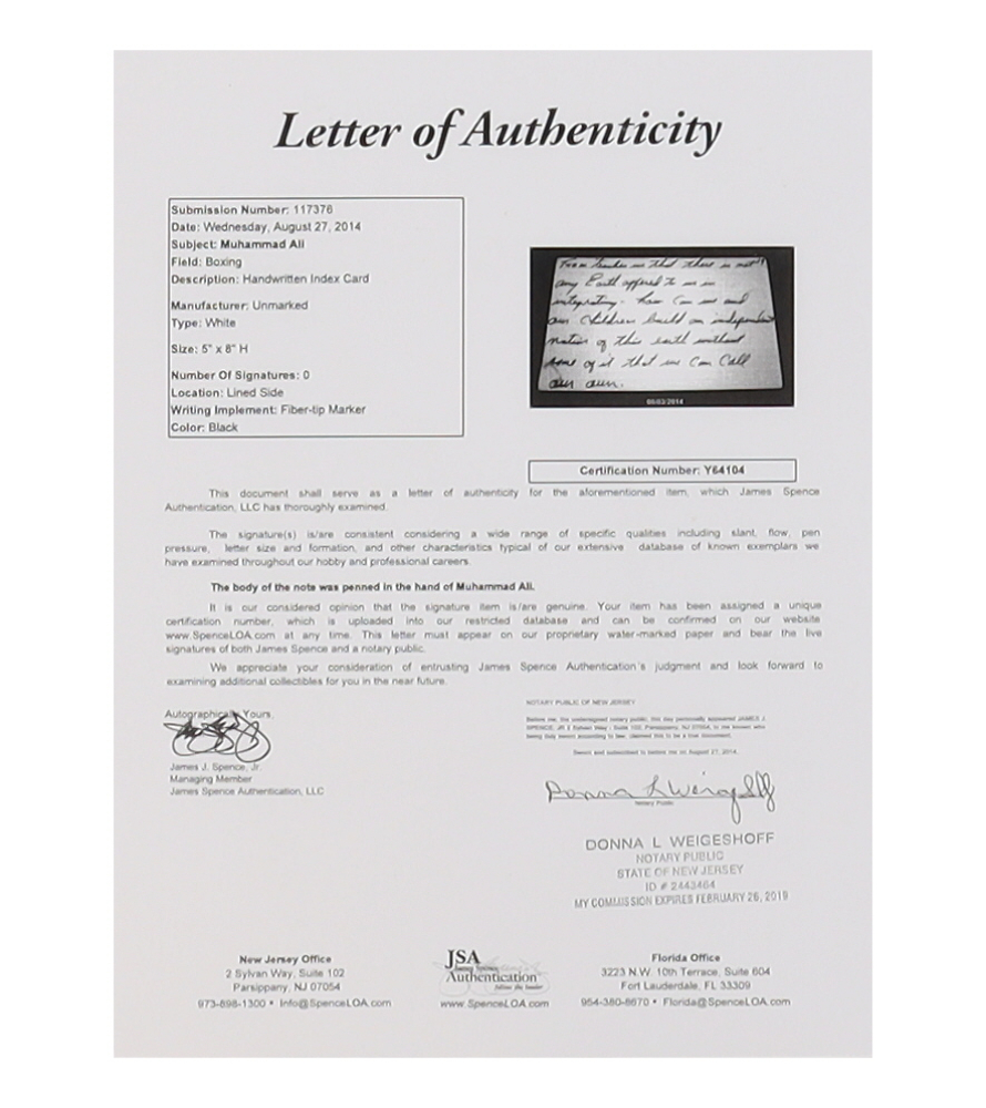 Muhammad Ali Custom Matted Display with Original Handwriting from Ali ...