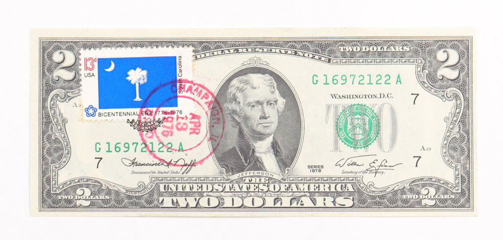 1976 U.S. $2 Two Dollars First Day Issue Legal Tender Note With Stamp ...