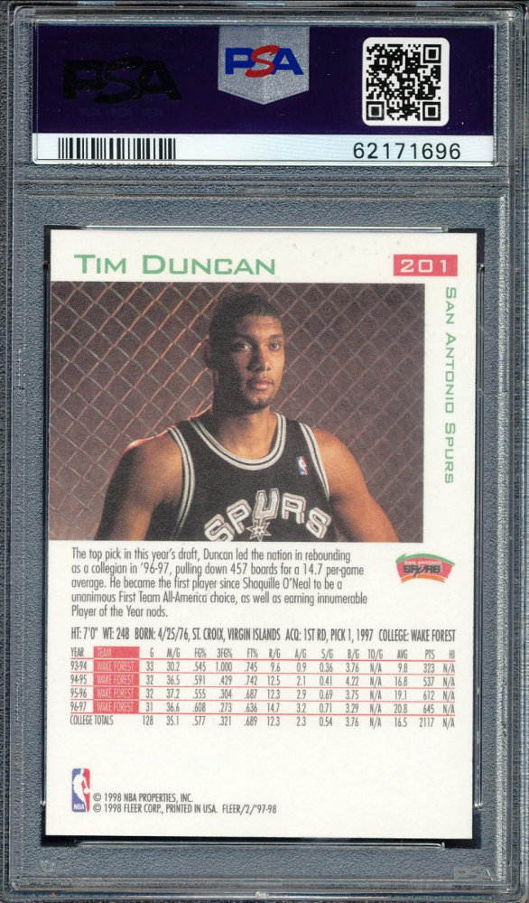 Tim Duncan 1997-98 Fleer #201 RC (PSA 10) | Pristine Auction