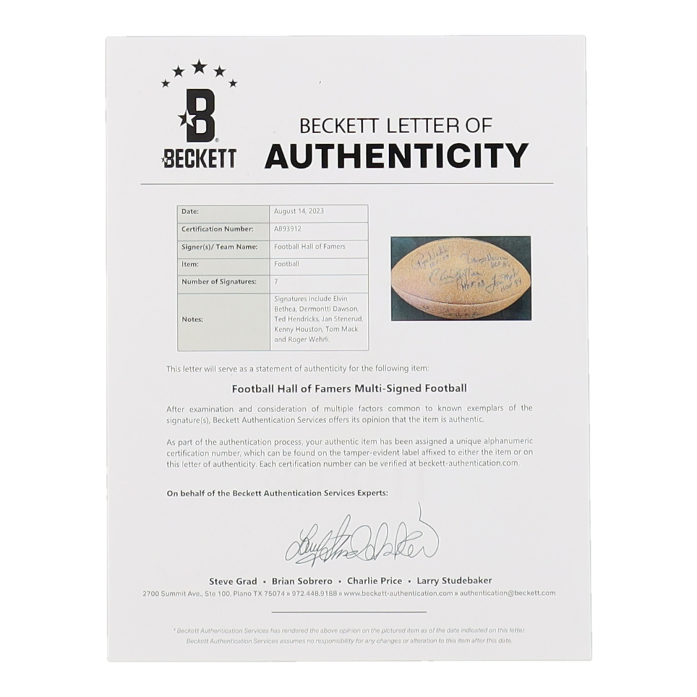 Hall of Famers NFL Football Signed by (7) with Elvin Behtea, Dermontti ...